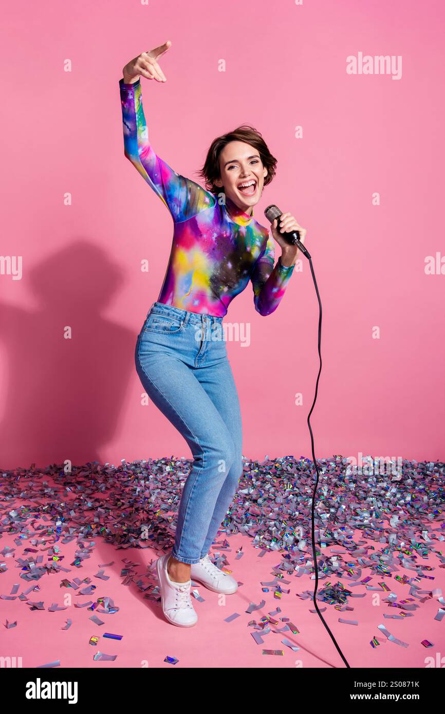 Full body portrait of pretty girl have fun sing mic wear pullover ...