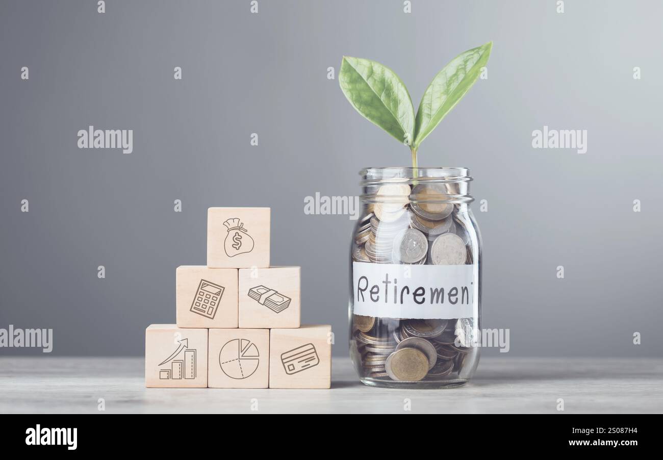 A glass jar with coins and a sprout labeled 'Retirement,' alongside ...