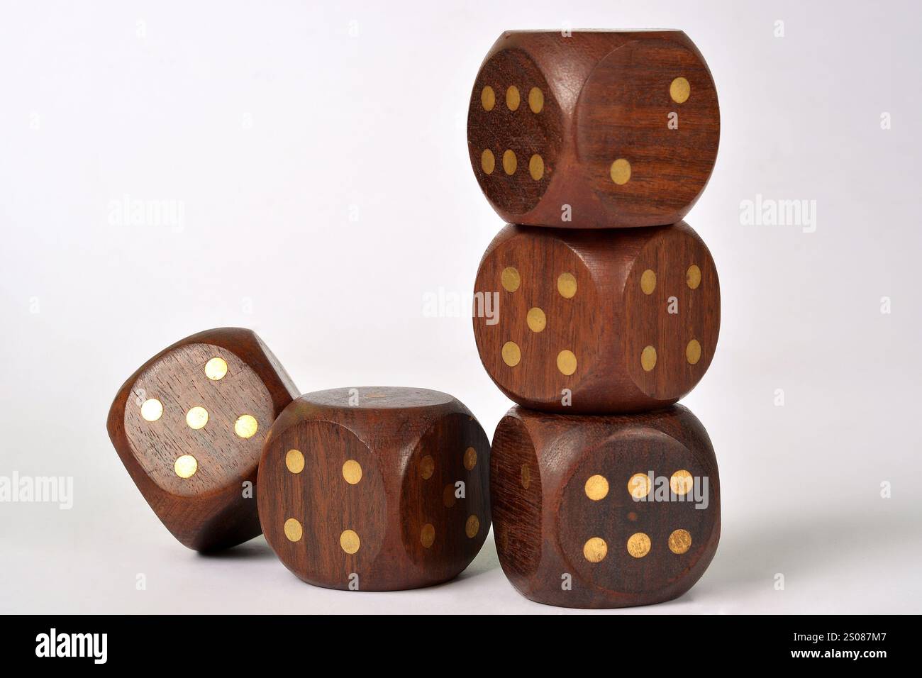 A group of five large wooden gaming dice on a white background Stock ...