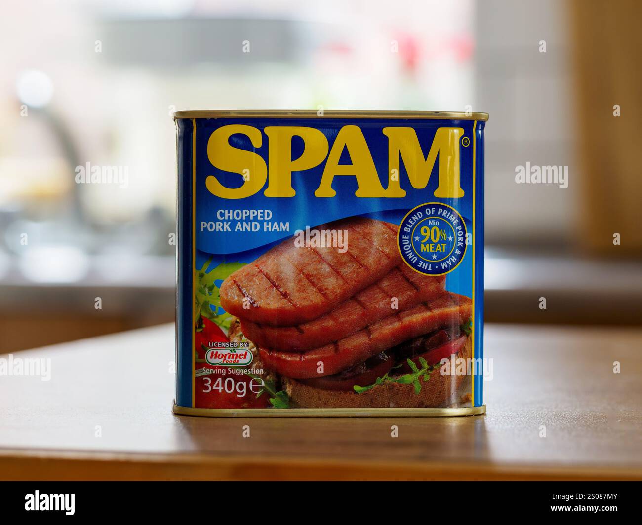 Swinton, Greater Manchester, UK. December 24, 2024: A can of SPAM ...