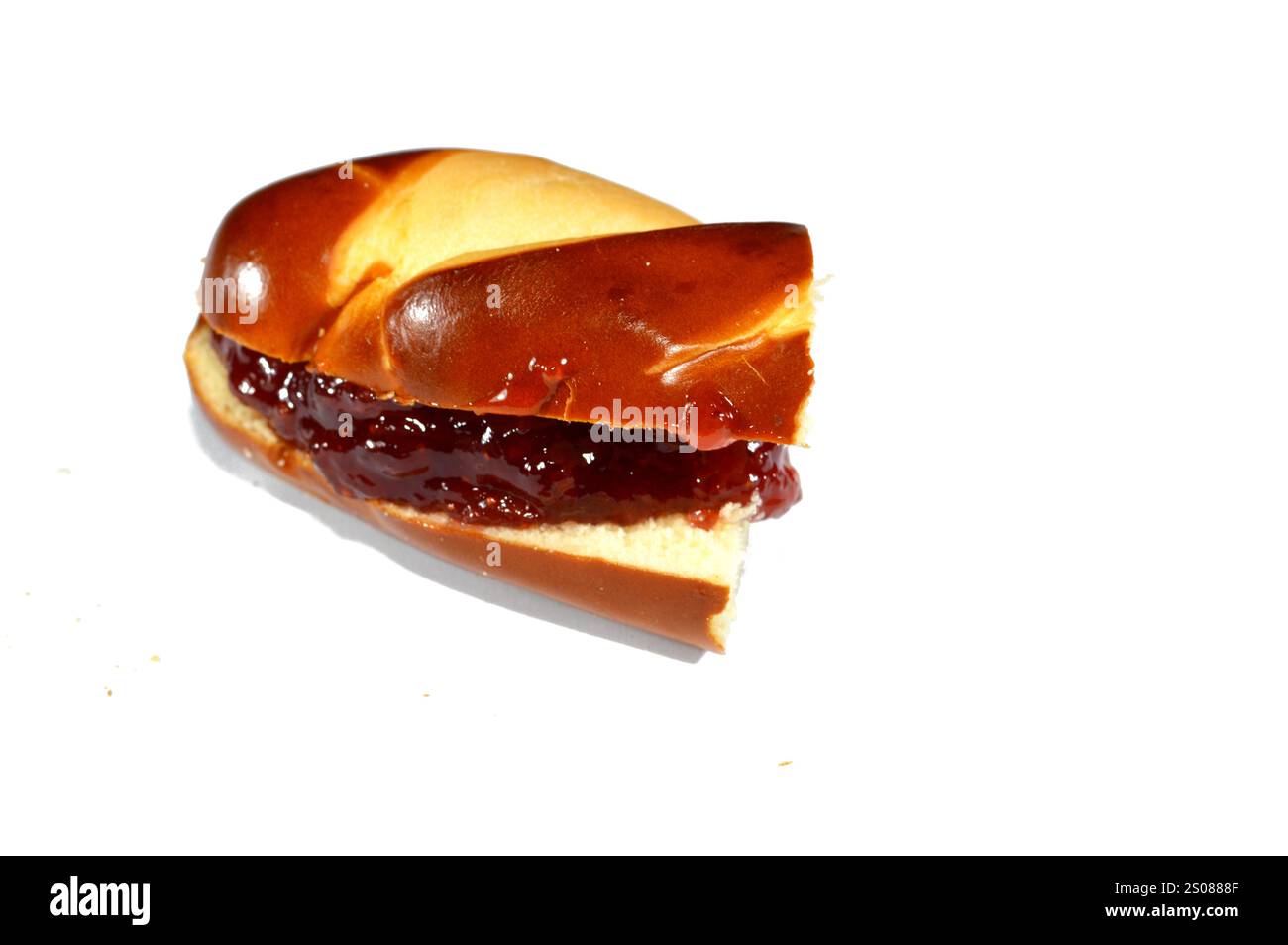 Strawberry jam fillings inside a pretzel long bun baguette bread, baked ...