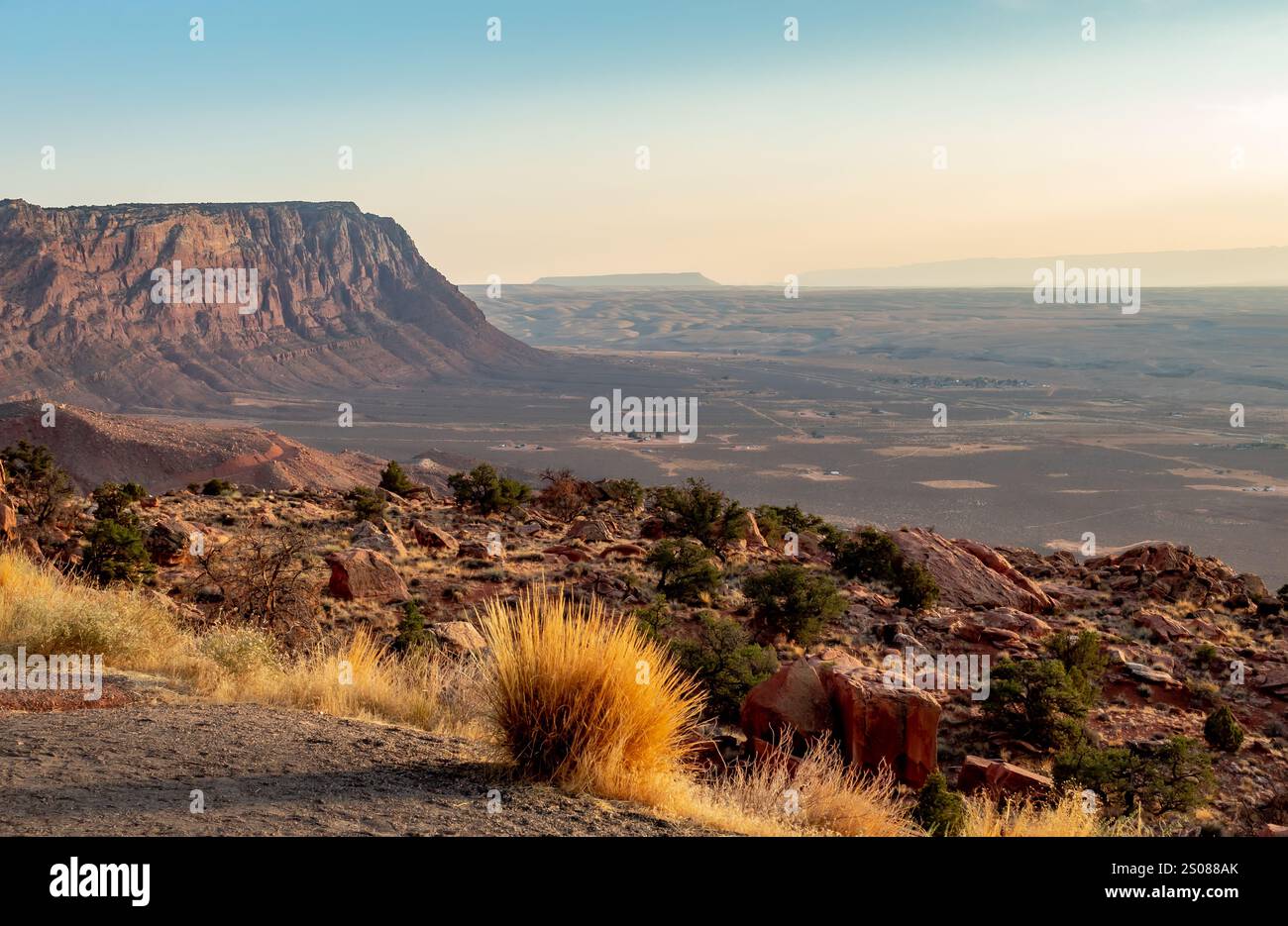 Countryside golden sunset grass dirt field view in the northern Arizona ...