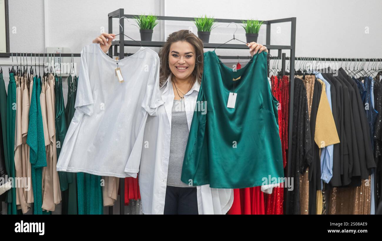 A fat woman chooses clothes by comparing them in a plus size store ...