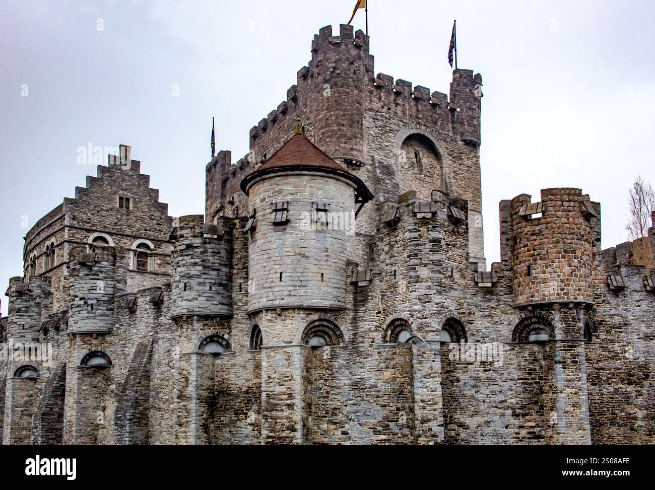 Traditional stone medieval architecture of Gravensteen castle. Located in Gent Belgium Stock ...
