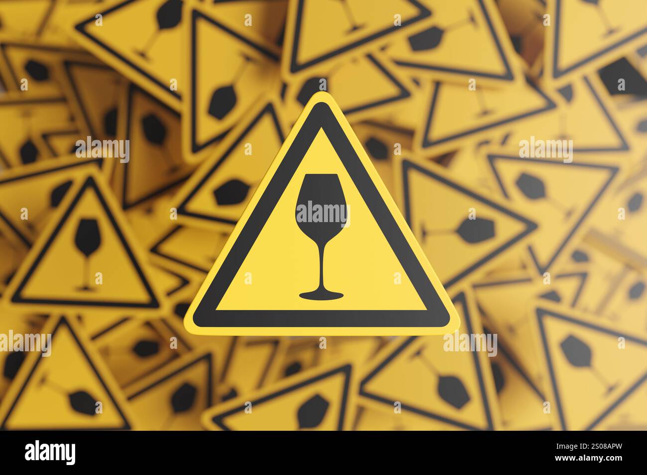 Heap of triangular yellow warning road signs with a black wine glass ...