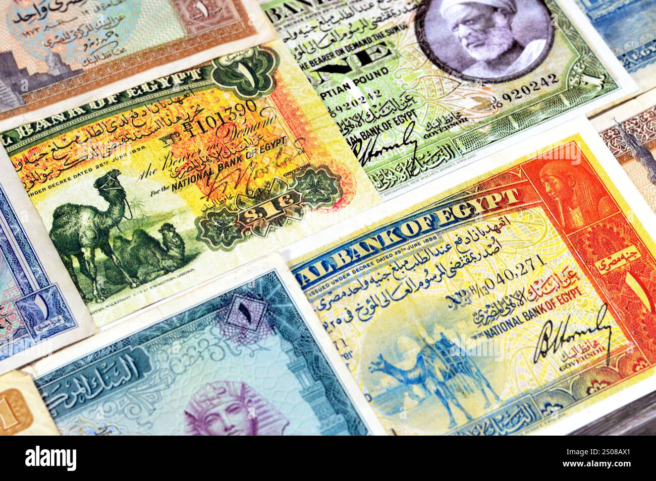 Background of one Egyptian pound banknotes bill of different eras since ...