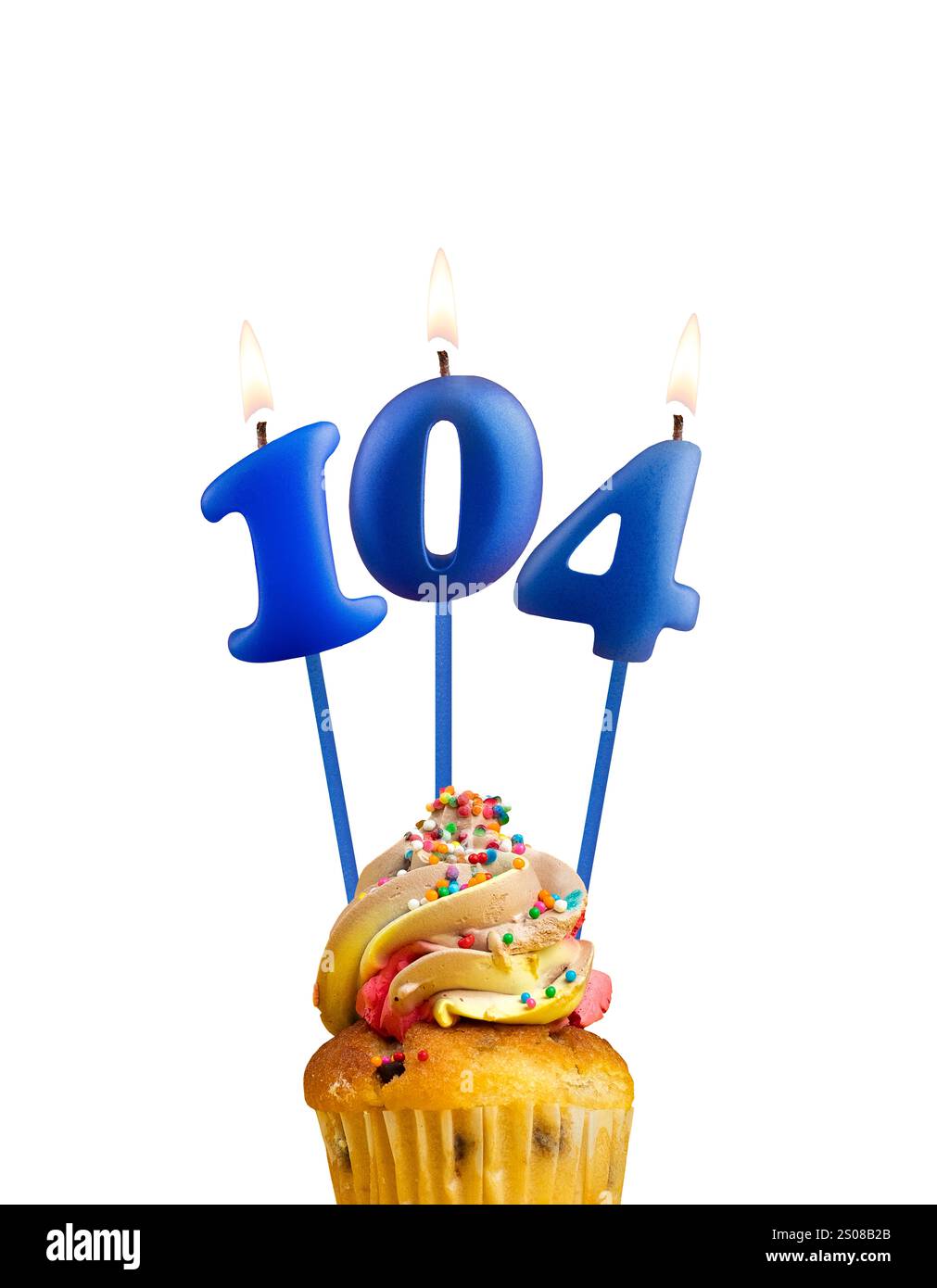 Candle in shape of the number 104 - Blue birthday on a white background ...