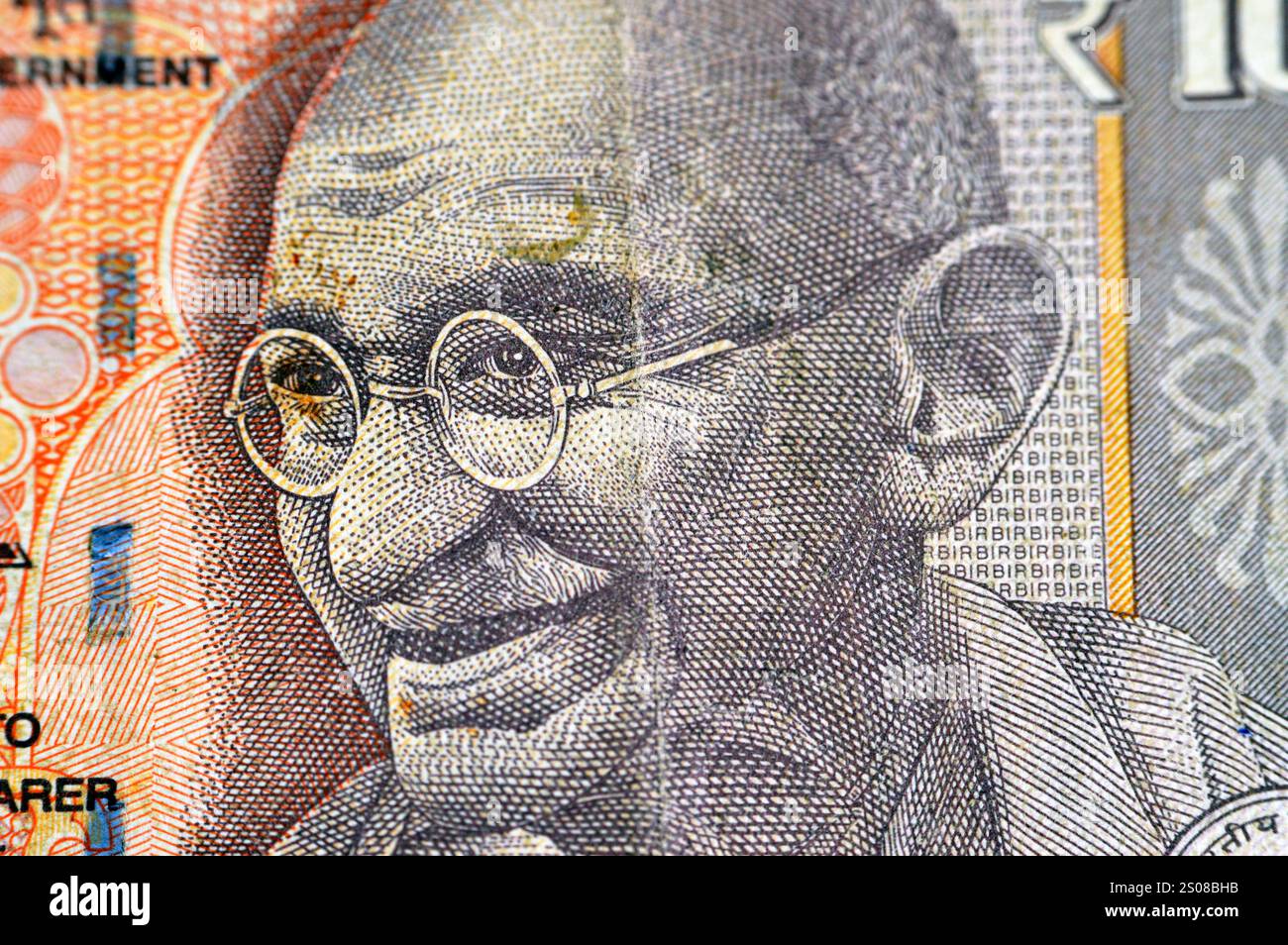 a portrait of Mahatma Gandhi from the obverse side of ten 10 Indian ...