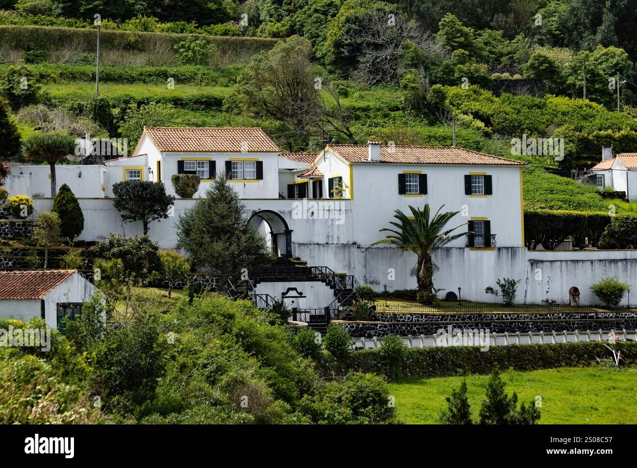Traditional tile roof houses at Pico island Azores Portugal Stock Photo ...