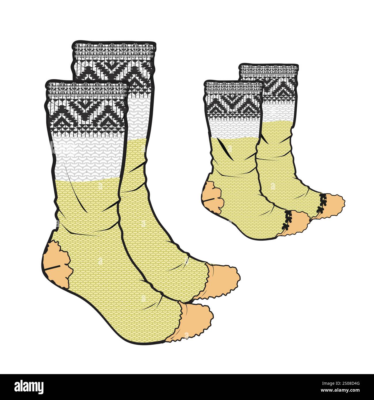 Jacquard socks design technical flat sketch vector mockup template ...