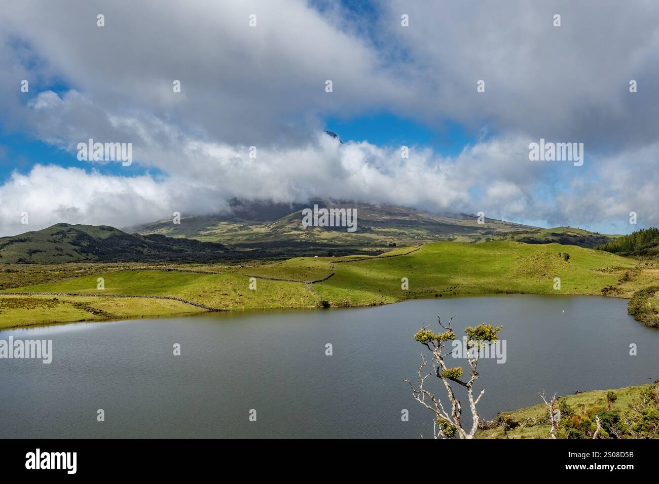 View of the mount Pico from Lagoa do Capitao lake in Pico island Azores ...