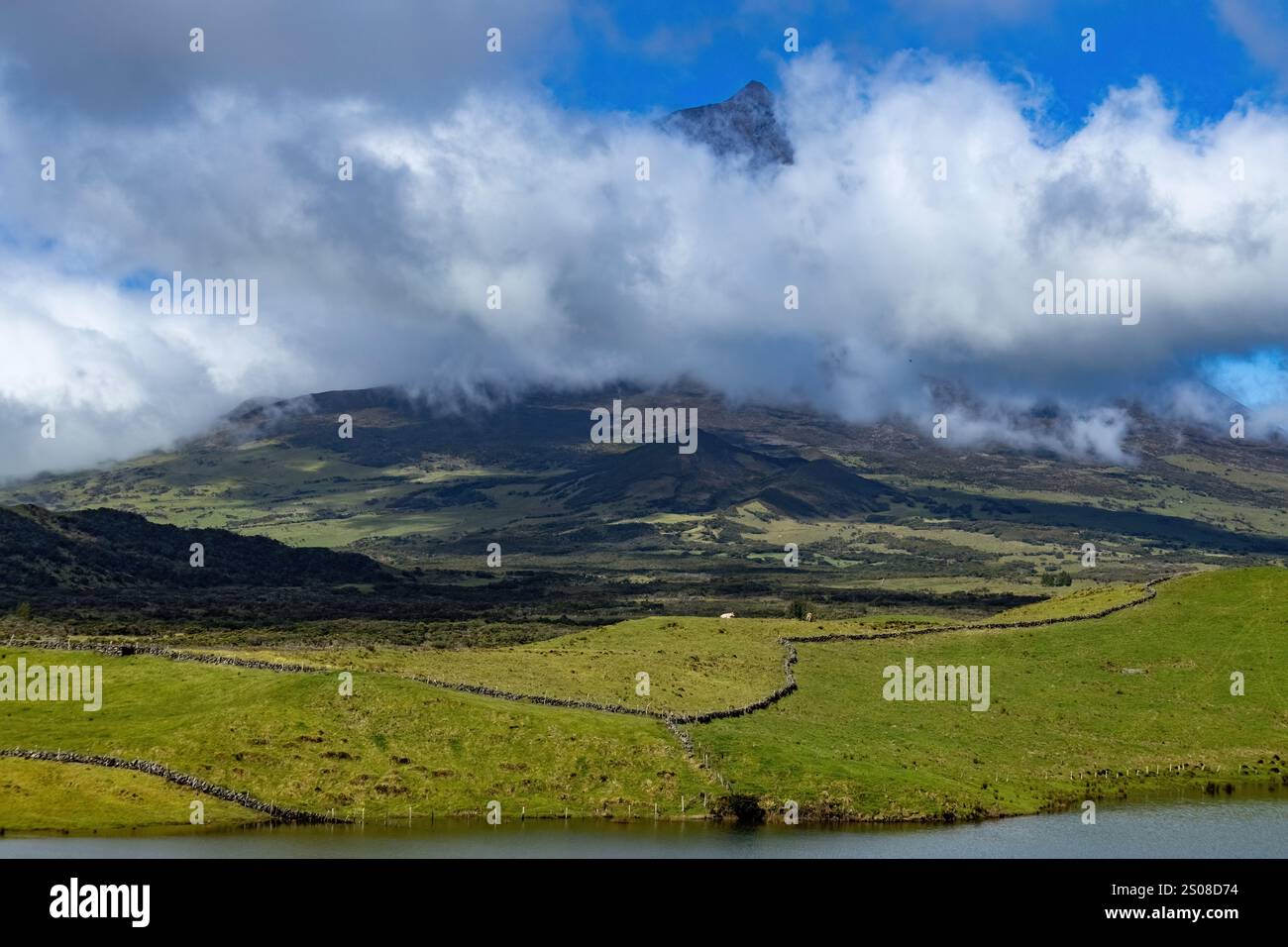View of the mount Pico from Lagoa do Capitao lake in Pico island Azores ...