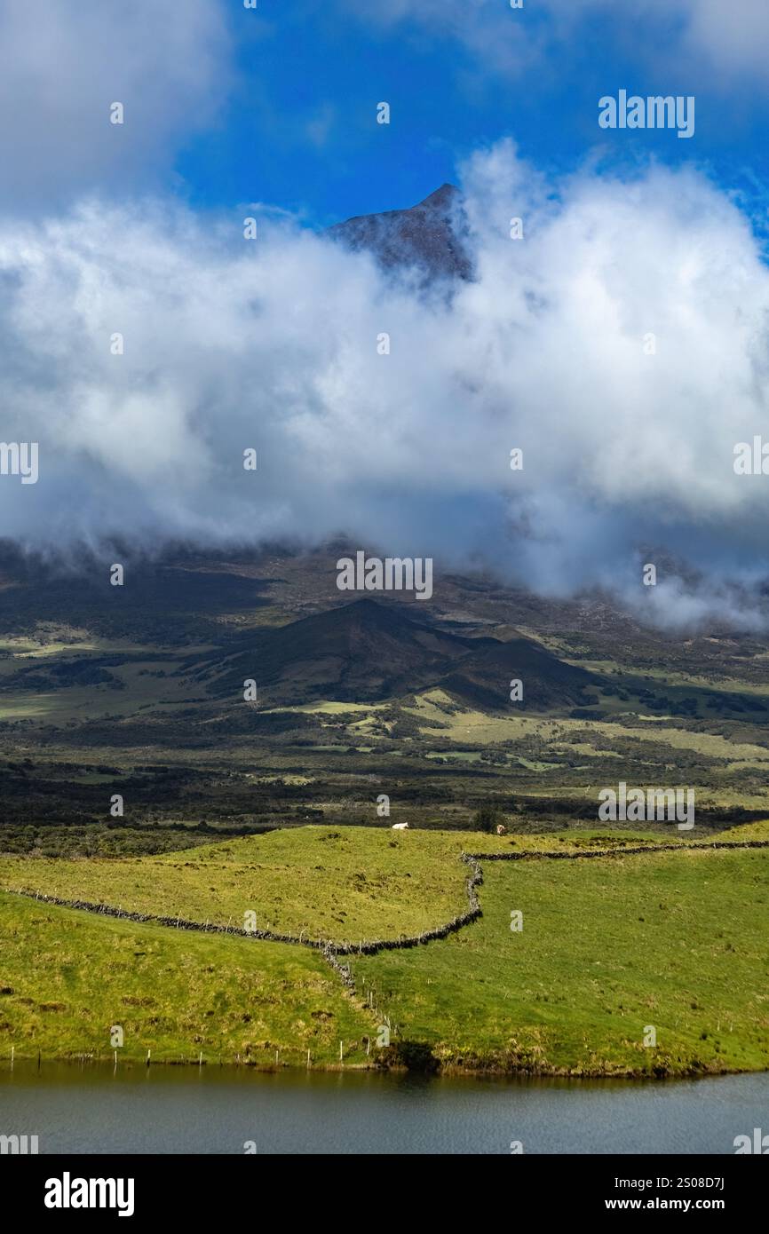 View of the mount Pico from Lagoa do Capitao lake in Pico island Azores ...