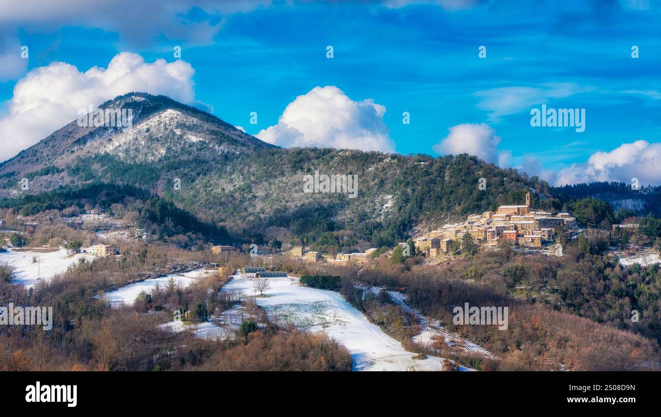 Snow in Tuscany, winter panorama of Gerfalco village in Colline ...