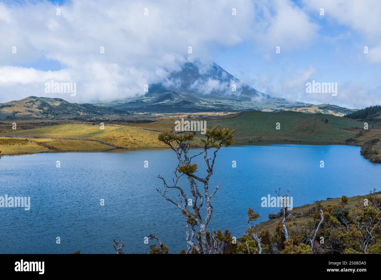 View of the mount Pico from Lagoa do Capitao lake in Pico island Azores ...