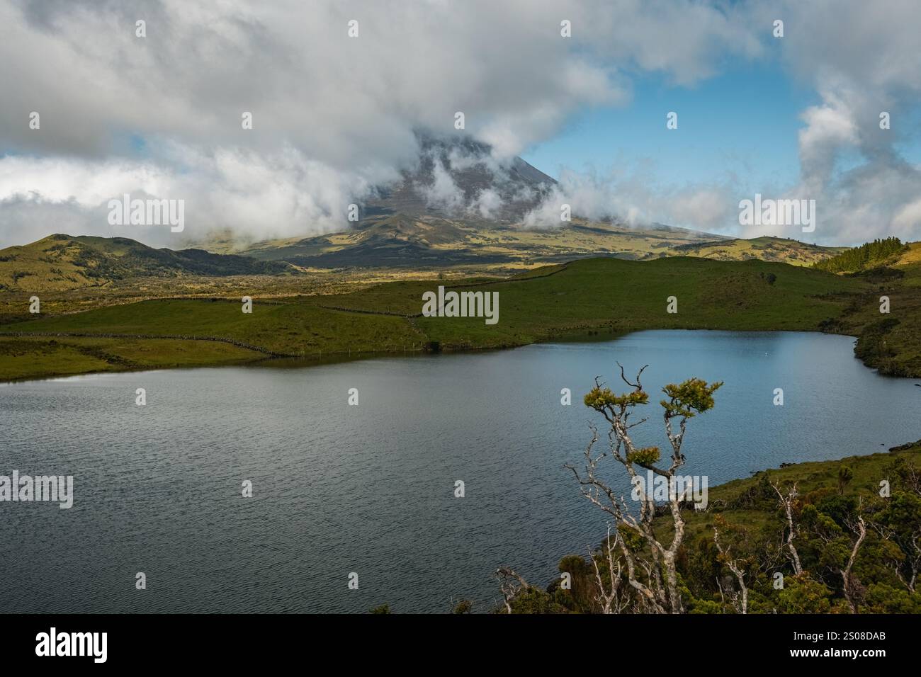 View of the mount Pico from Lagoa do Capitao lake in Pico island Azores ...