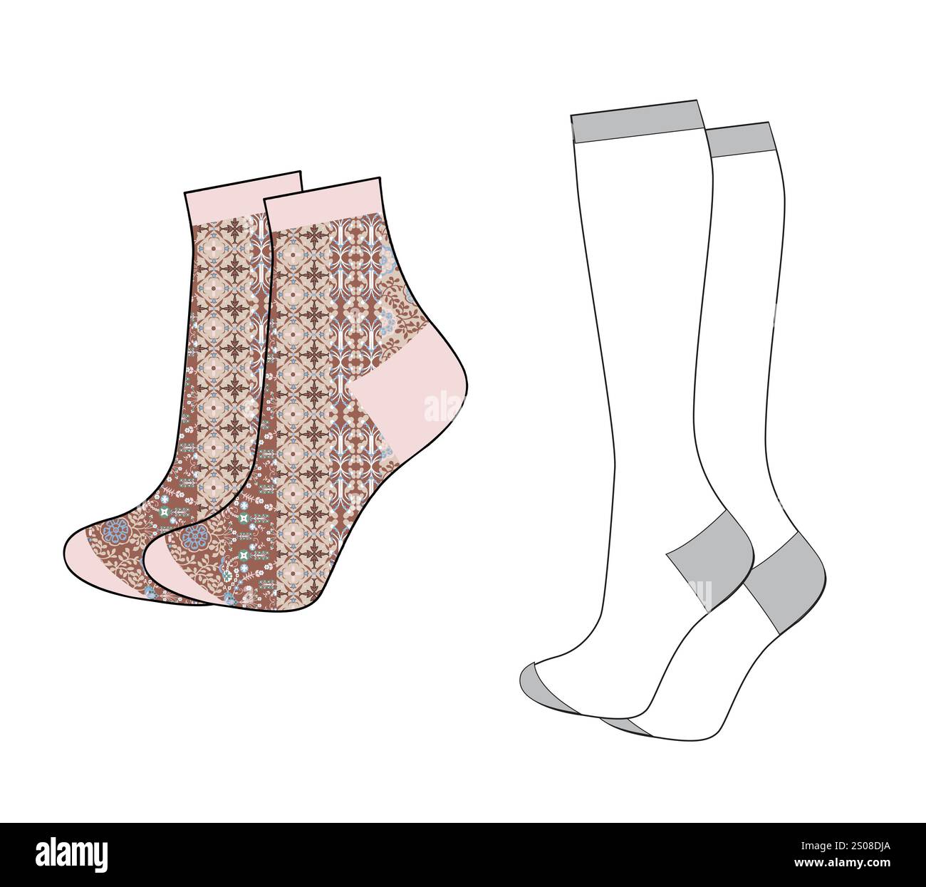 Over calf socks and quarter length socks flat drawing vector mockup ...