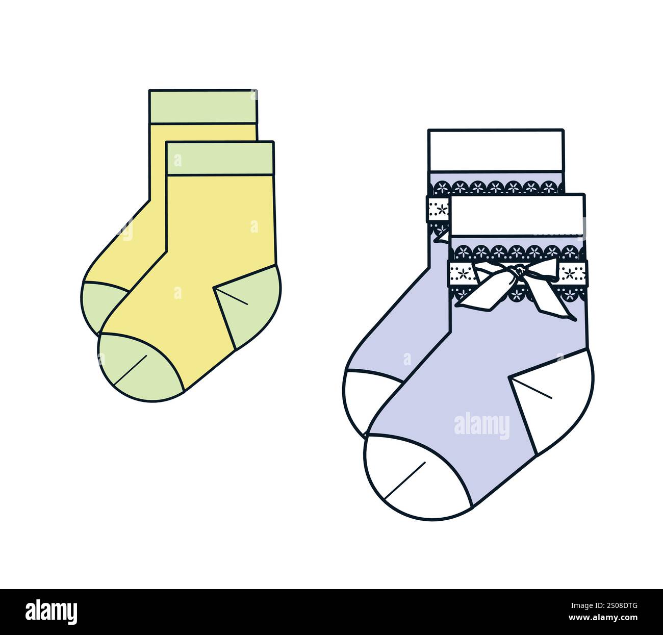 Baby girls socks with bow tie vector design mockup template technical ...
