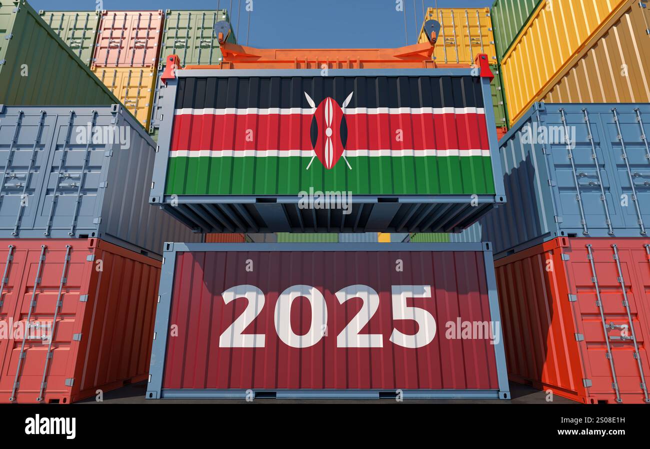 Trading 2025. Freight container with Kenya national flag. 3D Rendering ...