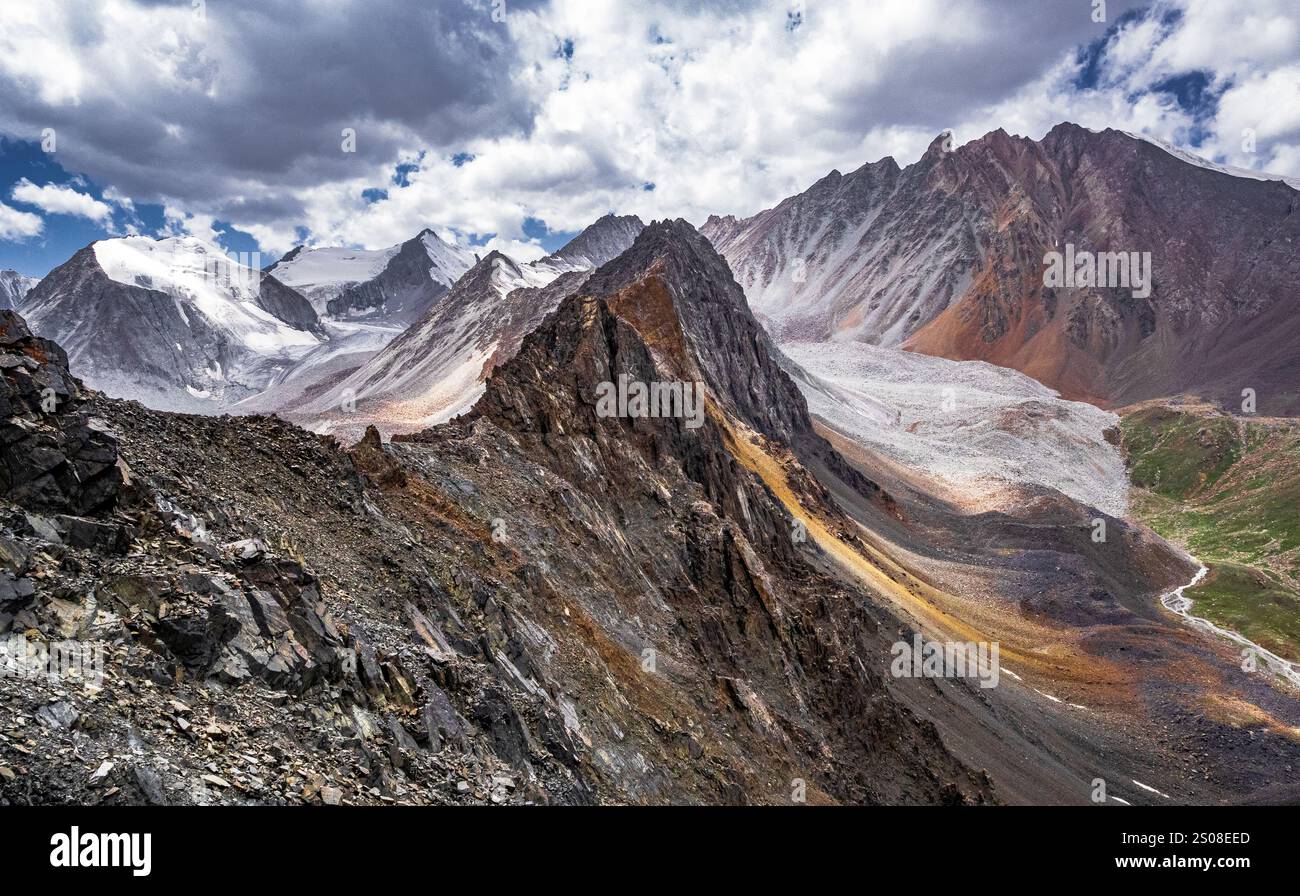 The panoramic view from Sarry Mogol Pass in south-eastern Kyrgyzstan ...