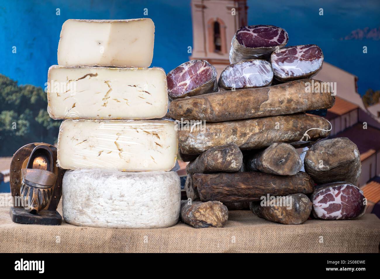 Italian meat food, cheeses Parma coppa ham dried cured meat in market ...