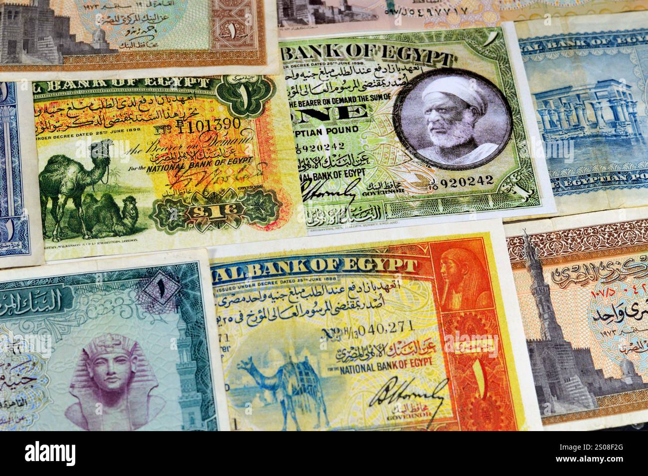 Background of one Egyptian pound banknotes bill of different eras since ...