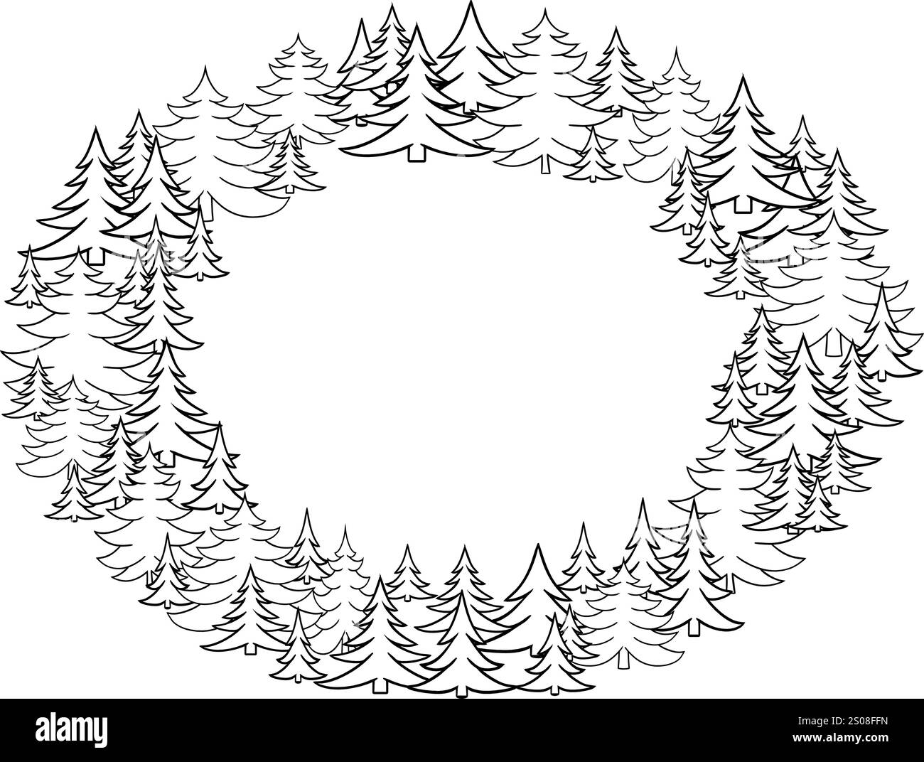 Graphic line pine tree vector background design. Oval frame greeting ...