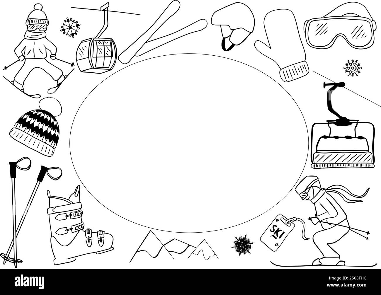 Winter sports background with graphic line ski equipment elements in ...