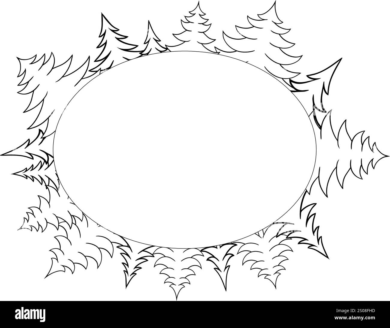 Pine tree oval frame in graphic line style. vector template Merry ...