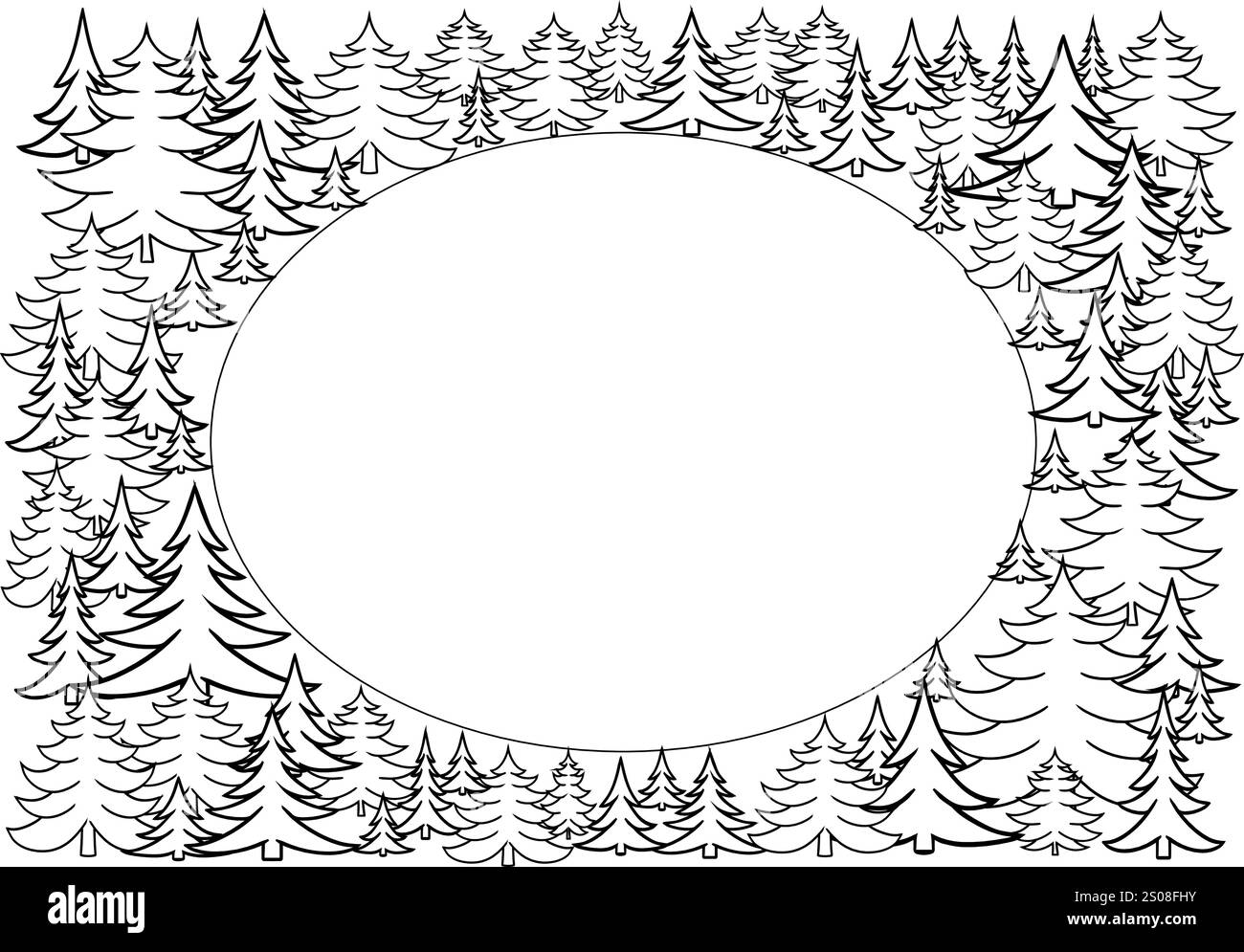 Graphic line pine tree forest oval frame. Vector Isolated on white ...