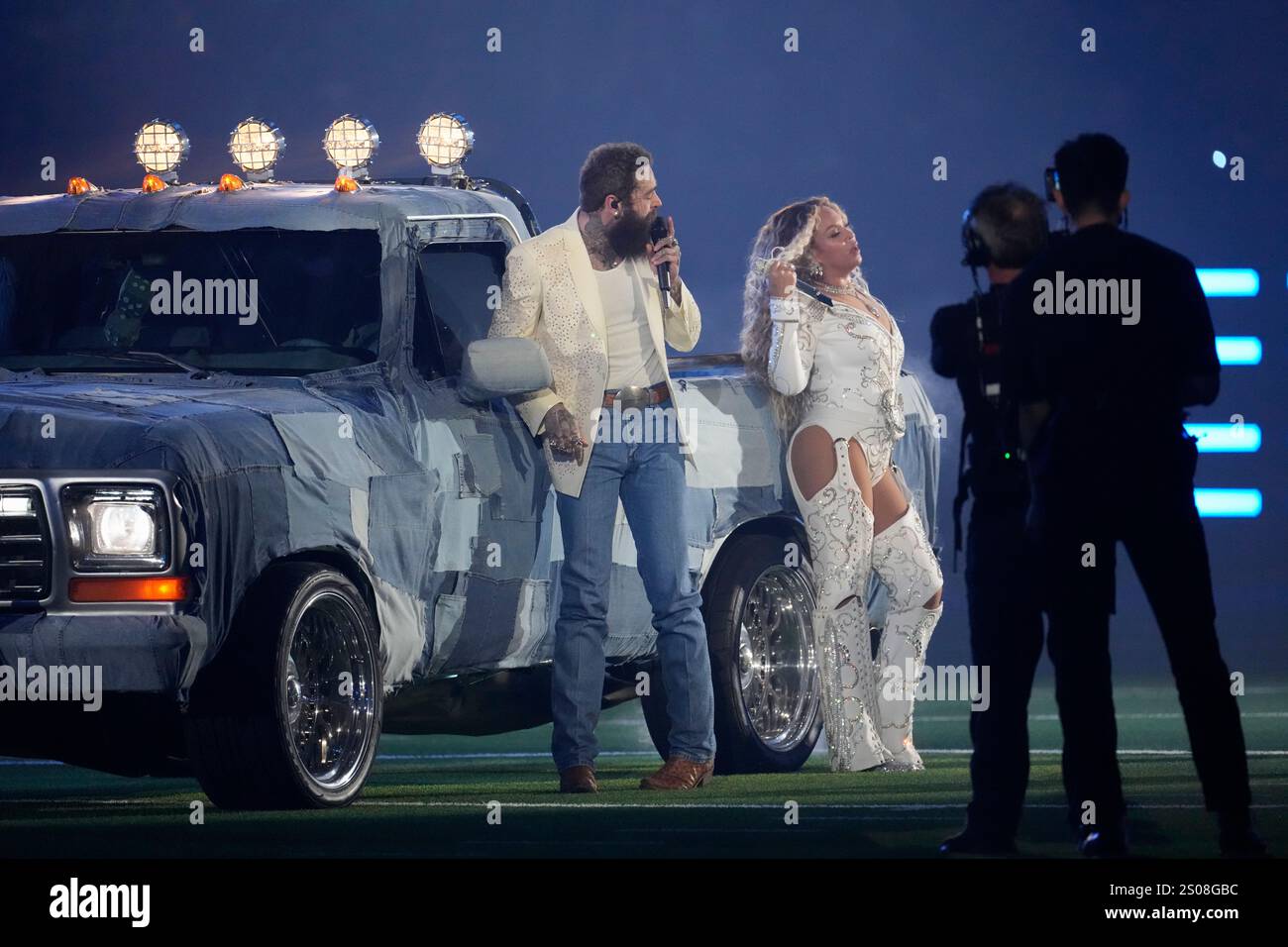 Post Malone, left, joins Beyoncé during a halftime performance in an ...