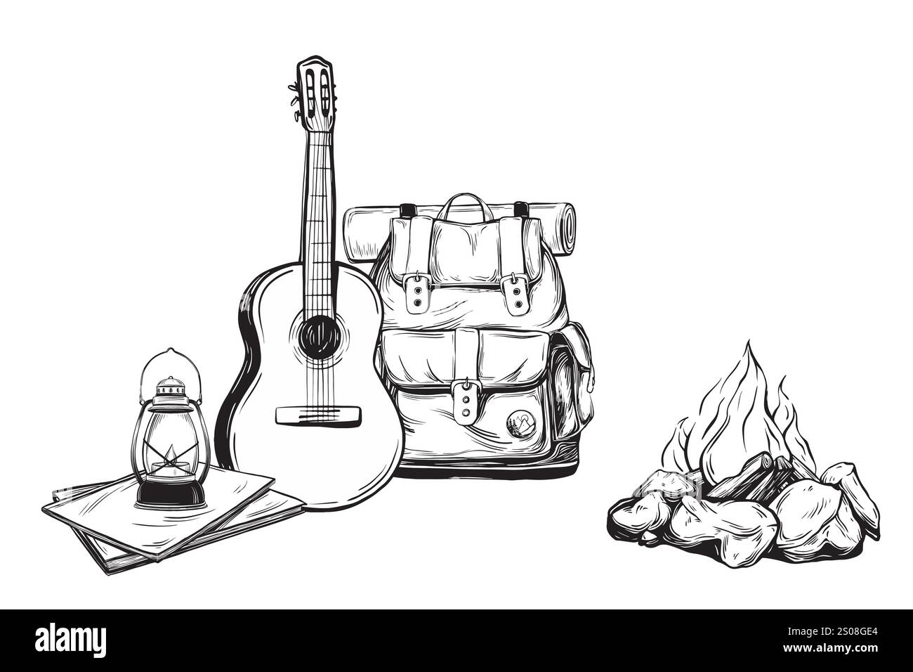 Tourist composition with Backpack and Guitar. Hiking lamp and different ...