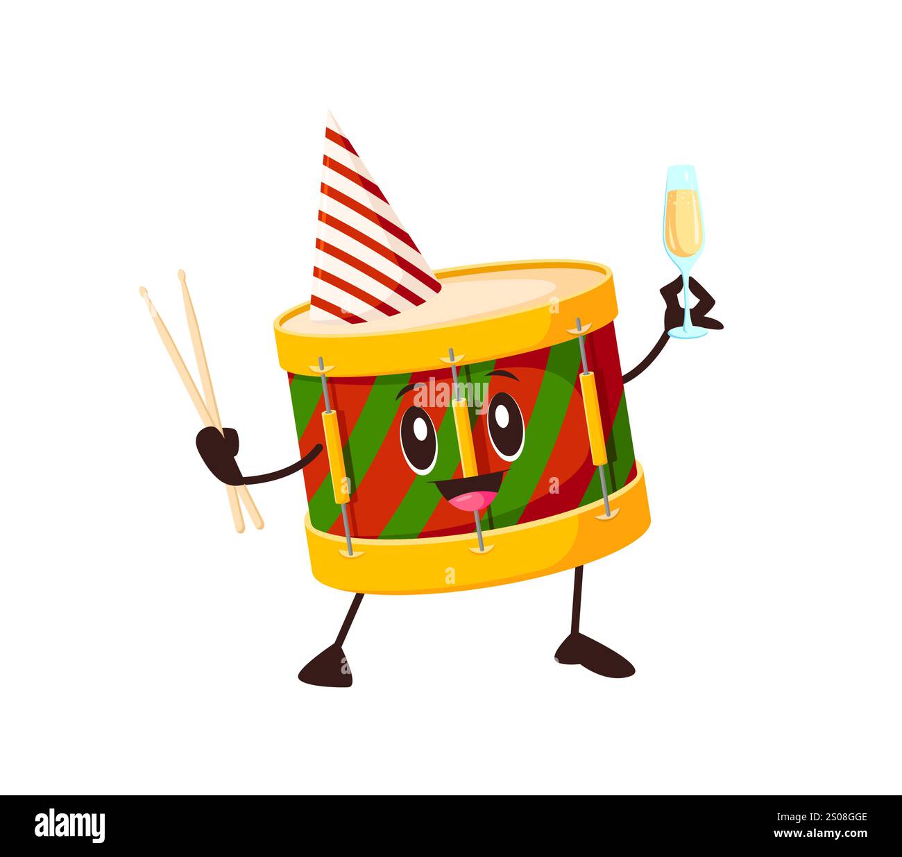Cheerful cartoon drum character celebrating Christmas with a party hat ...