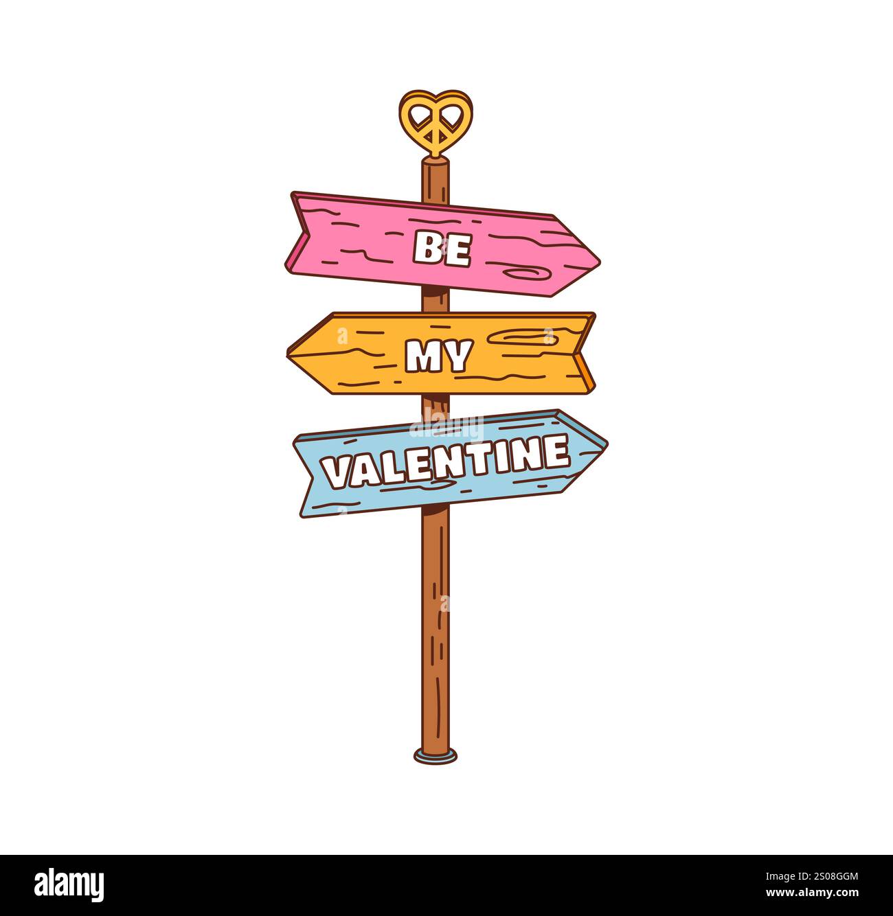 Wooden signpost with pink, yellow, and blue arrow planks reading be my ...