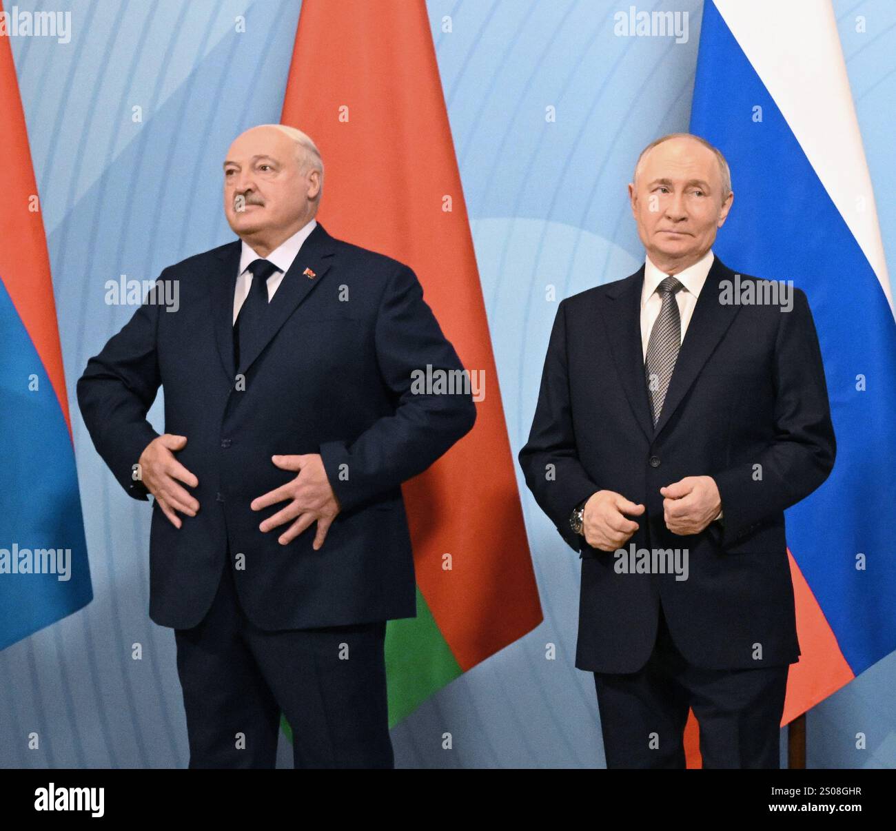 President of Belarus Alexander Lukashenko (left) and Russian President ...