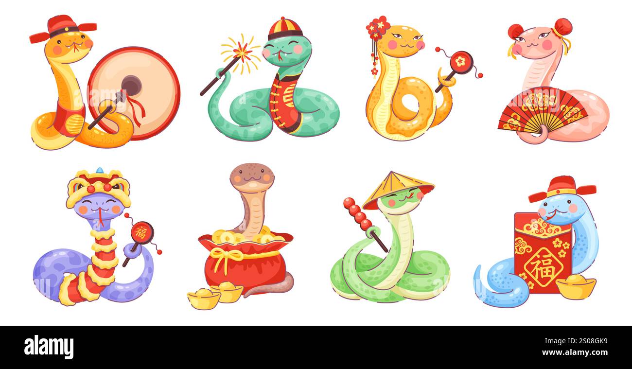 2025 lunar year cartoon snake characters with Chinese holiday ...