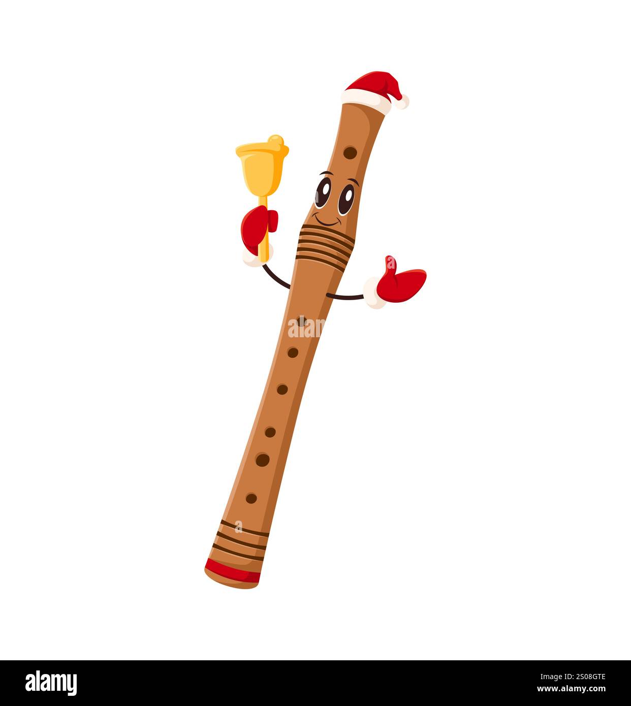 Cartoon flute character wearing a Santa hat and gloves holding a bell ...
