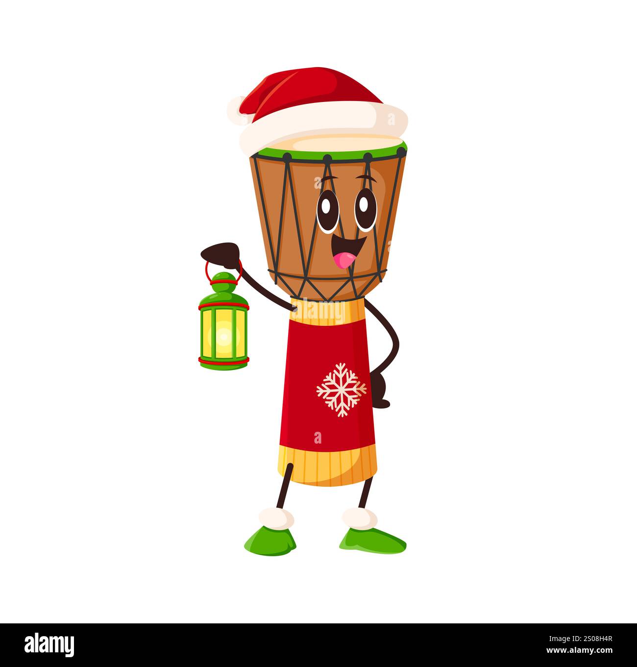 Cartoon jumbo drum character in Santa hat and sweater holding glowing ...