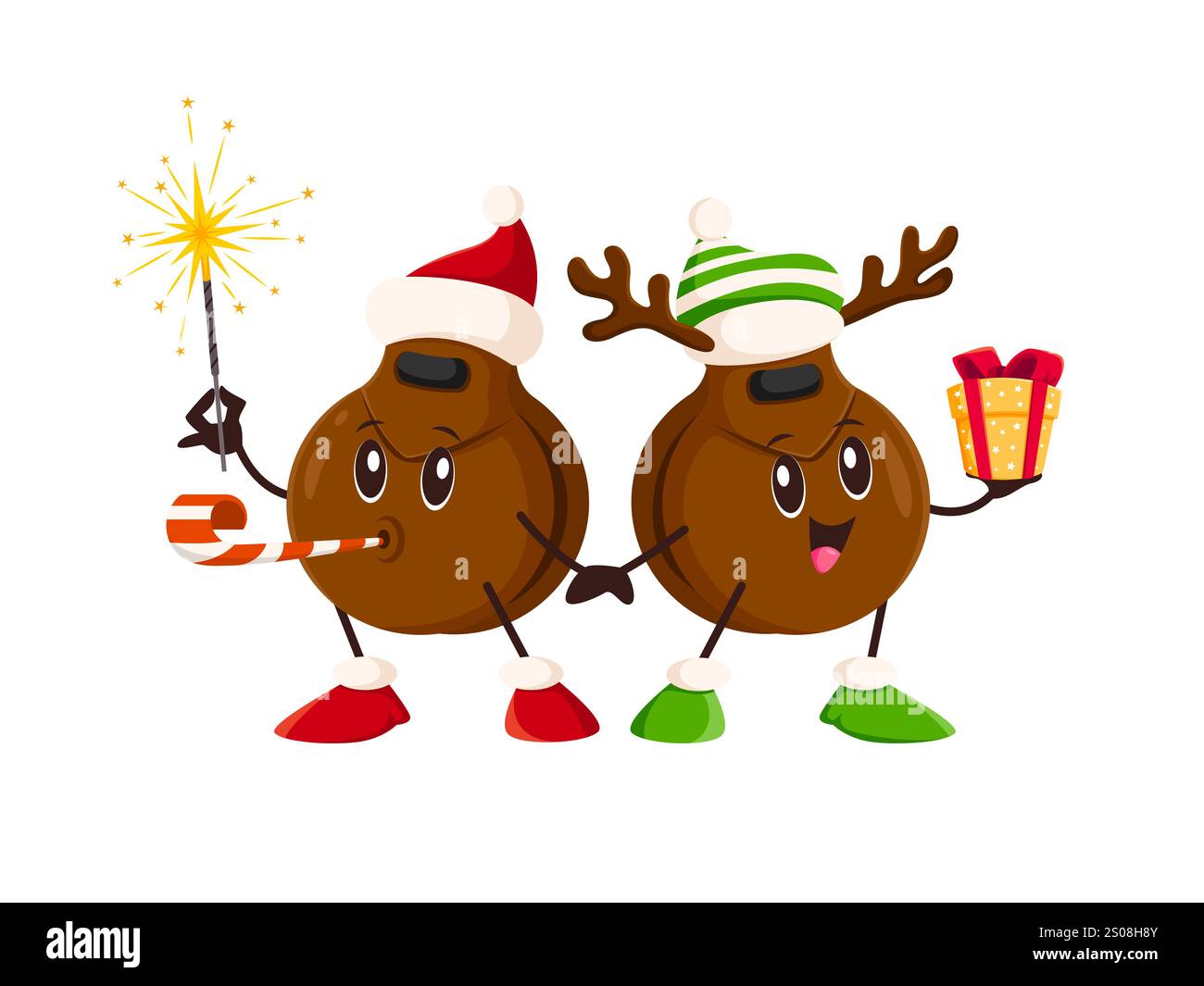 Cartoon castanets musical instrument characters enjoy festive Christmas ...