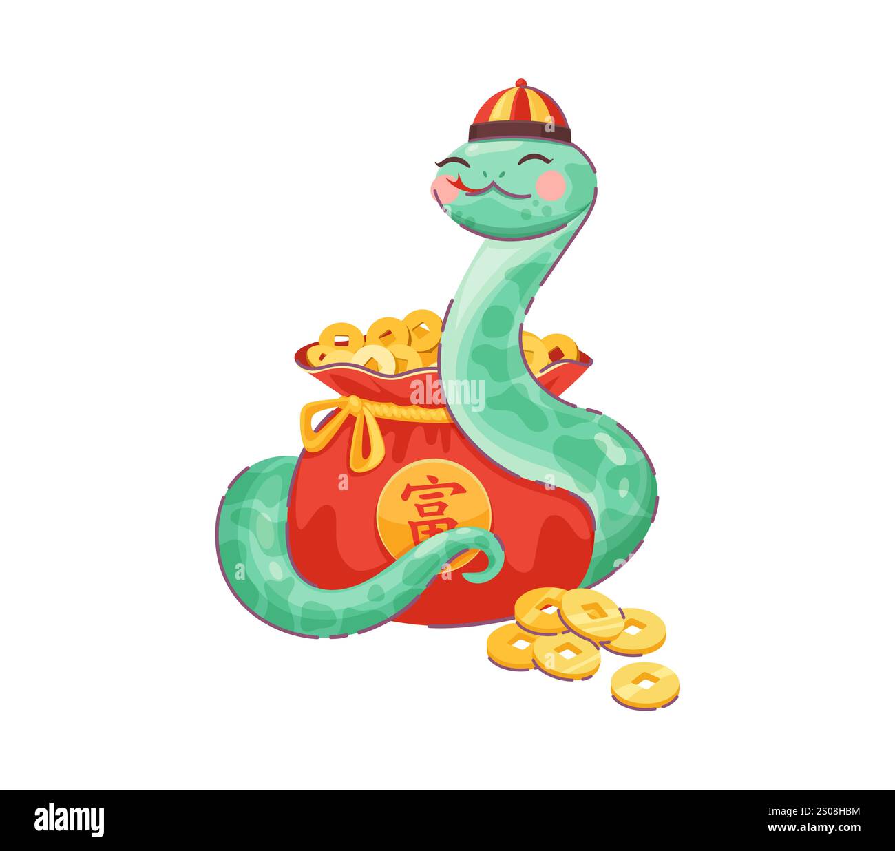 Chinese Lunar New Year cartoon snake character curled around red money ...