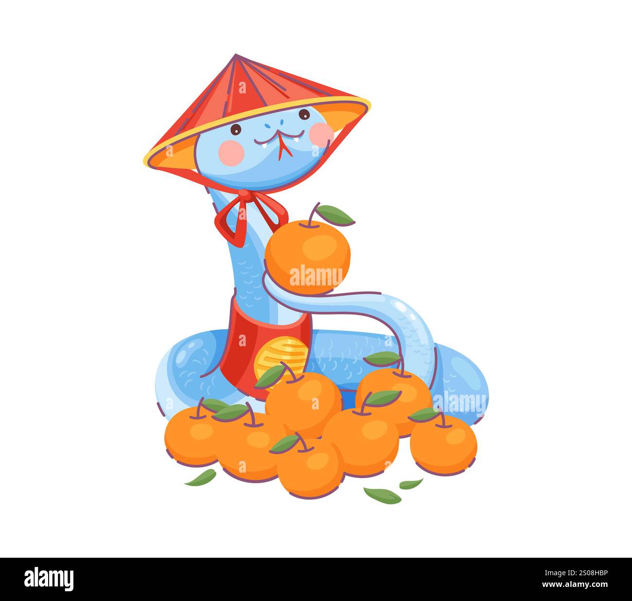 Cute cartoon blue snake character in traditional conical hat curled ...