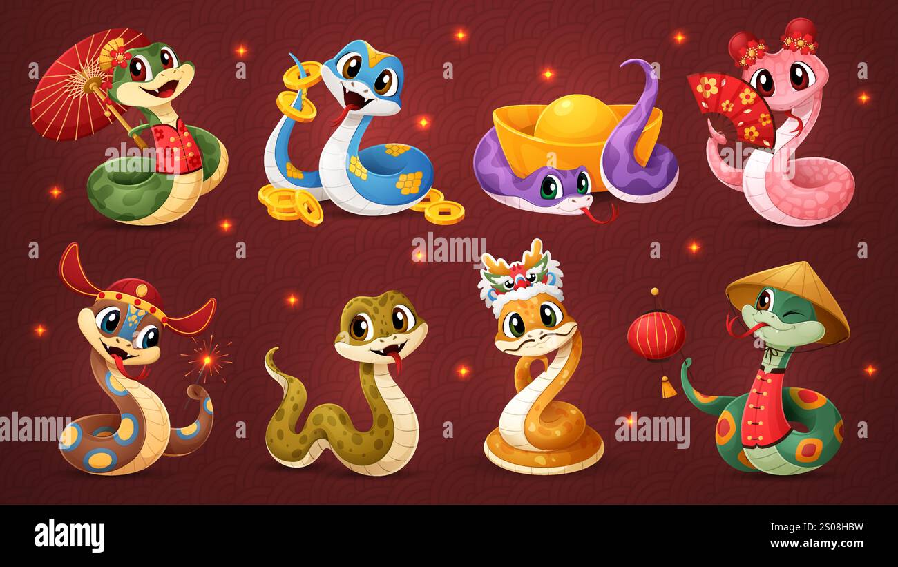 Cartoon snake characters, Chinese new lunar year 2025 reptile animals ...