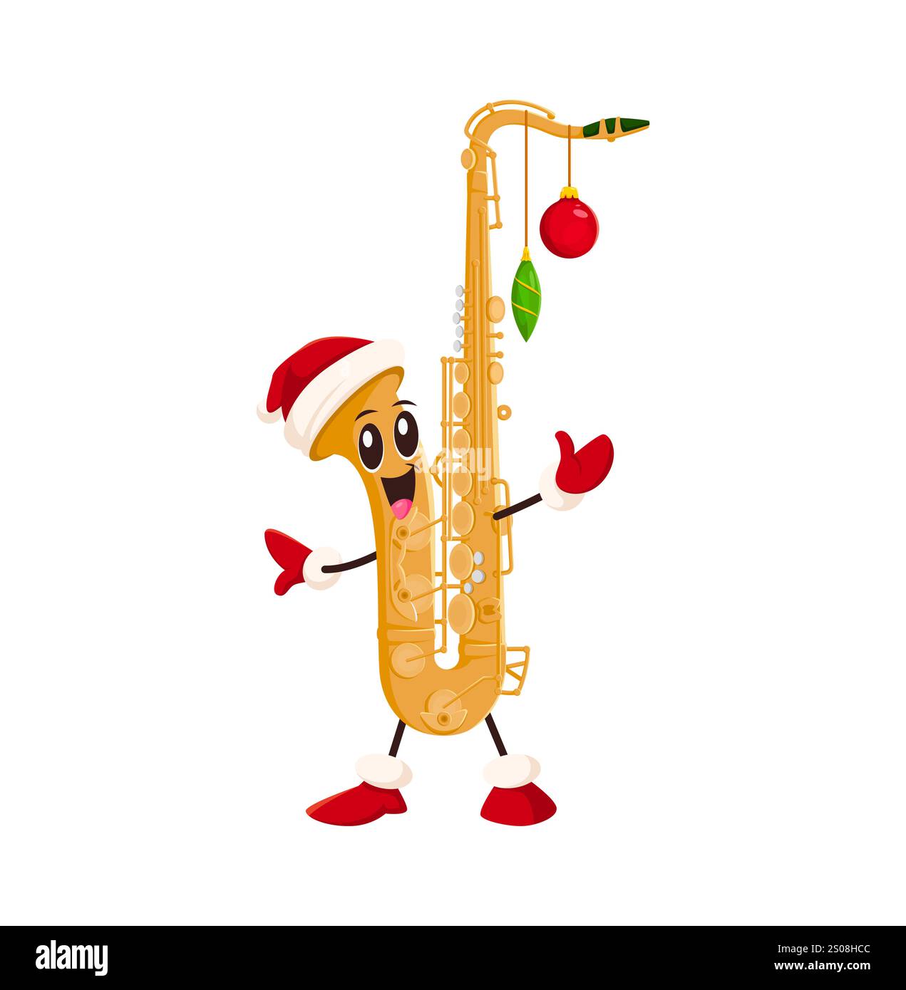 Cartoon saxophone character wearing Santa hat and gloves, adorned with ...