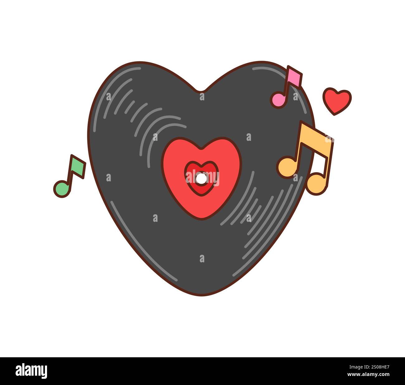 Cartoon groovy groovy heart shaped vinyl disk with musical notes and ...