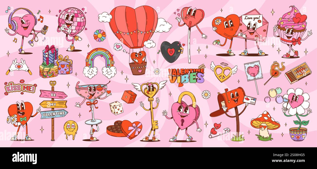 Cartoon groovy valentine characters and symbols. Vector set of hearts ...