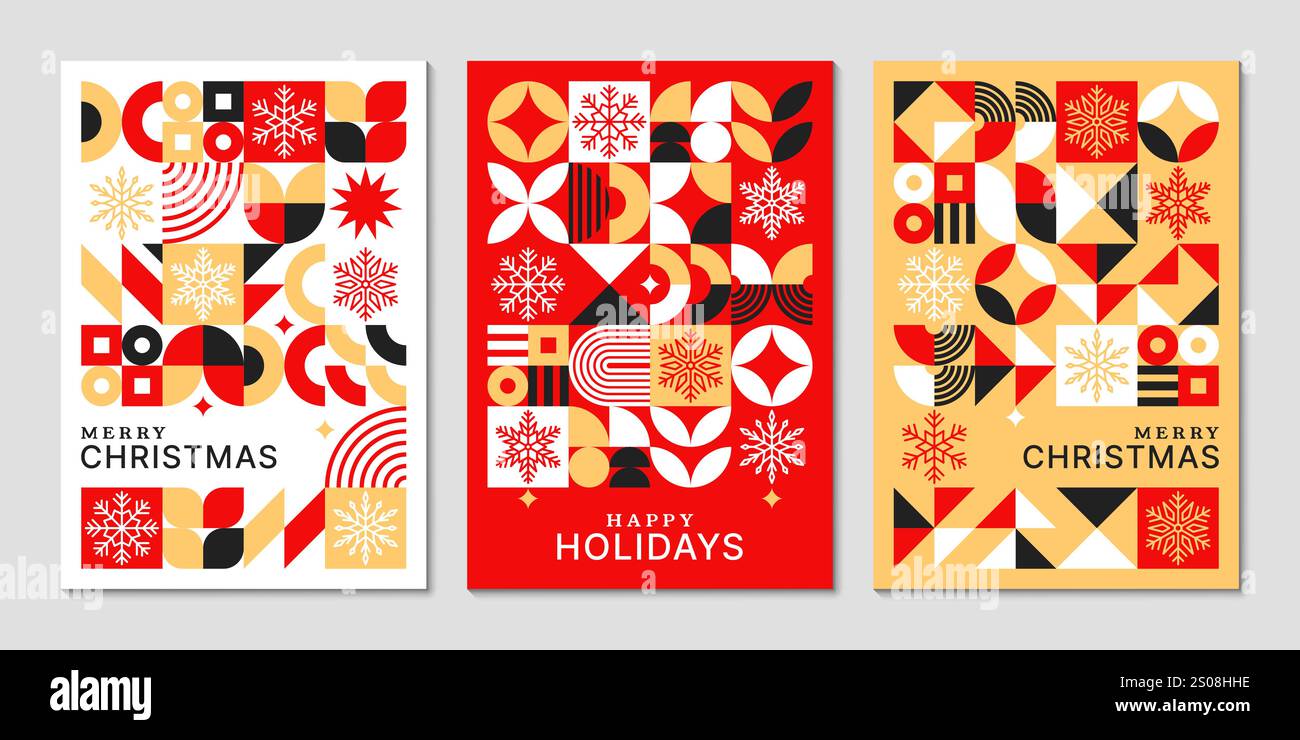 Christmas abstract geometric Bauhaus posters with snowflakes. Vector ...