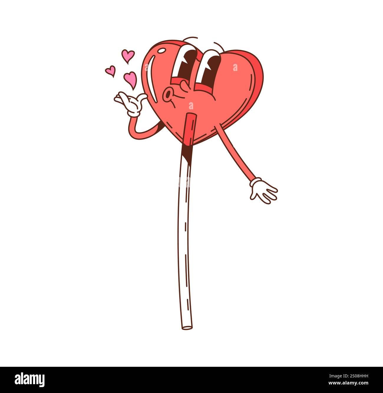 Cartoon groovy Valentine heart shaped lollipop candy character sending ...