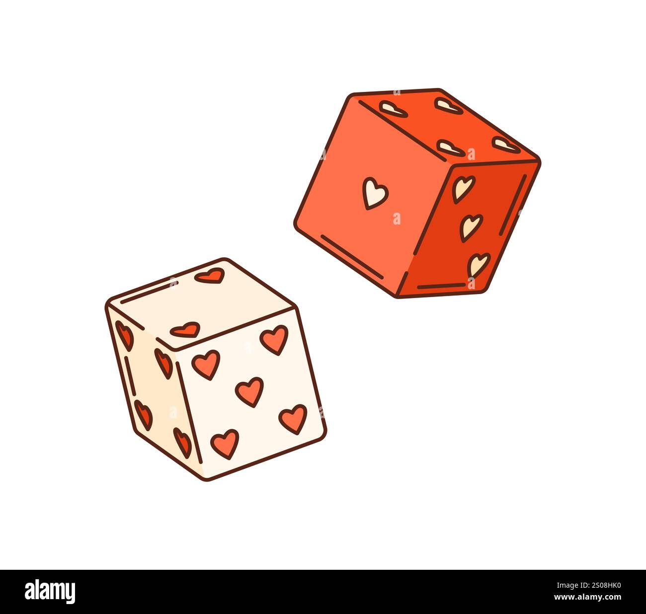 Cartoon groovy Valentine dices with heart dots. Isolated vector vintage ...