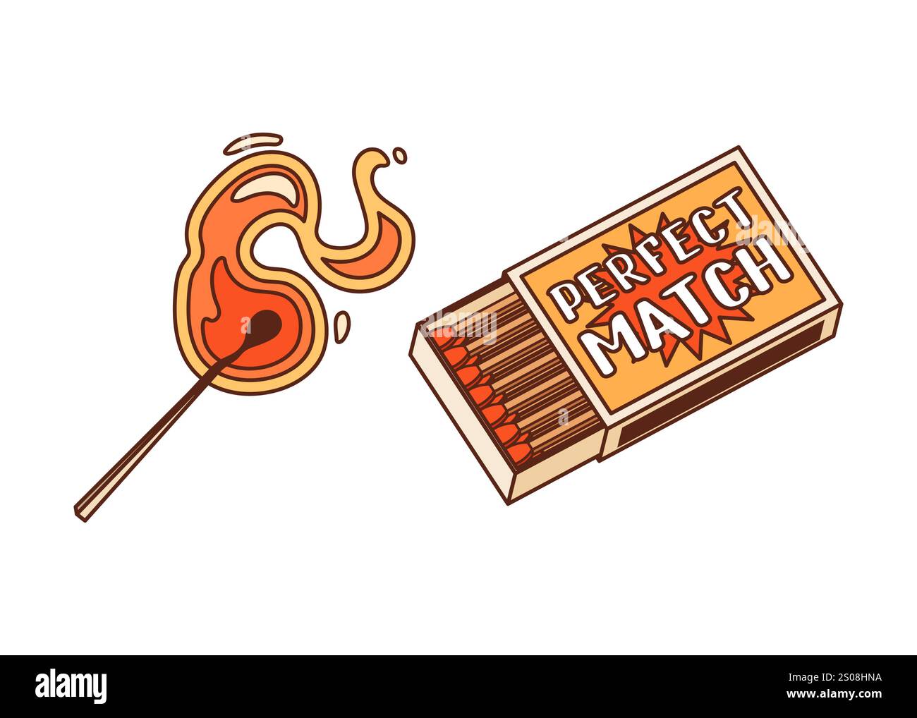 Cartoon groovy Valentine matchbox labeled Perfect Match with a burning ...