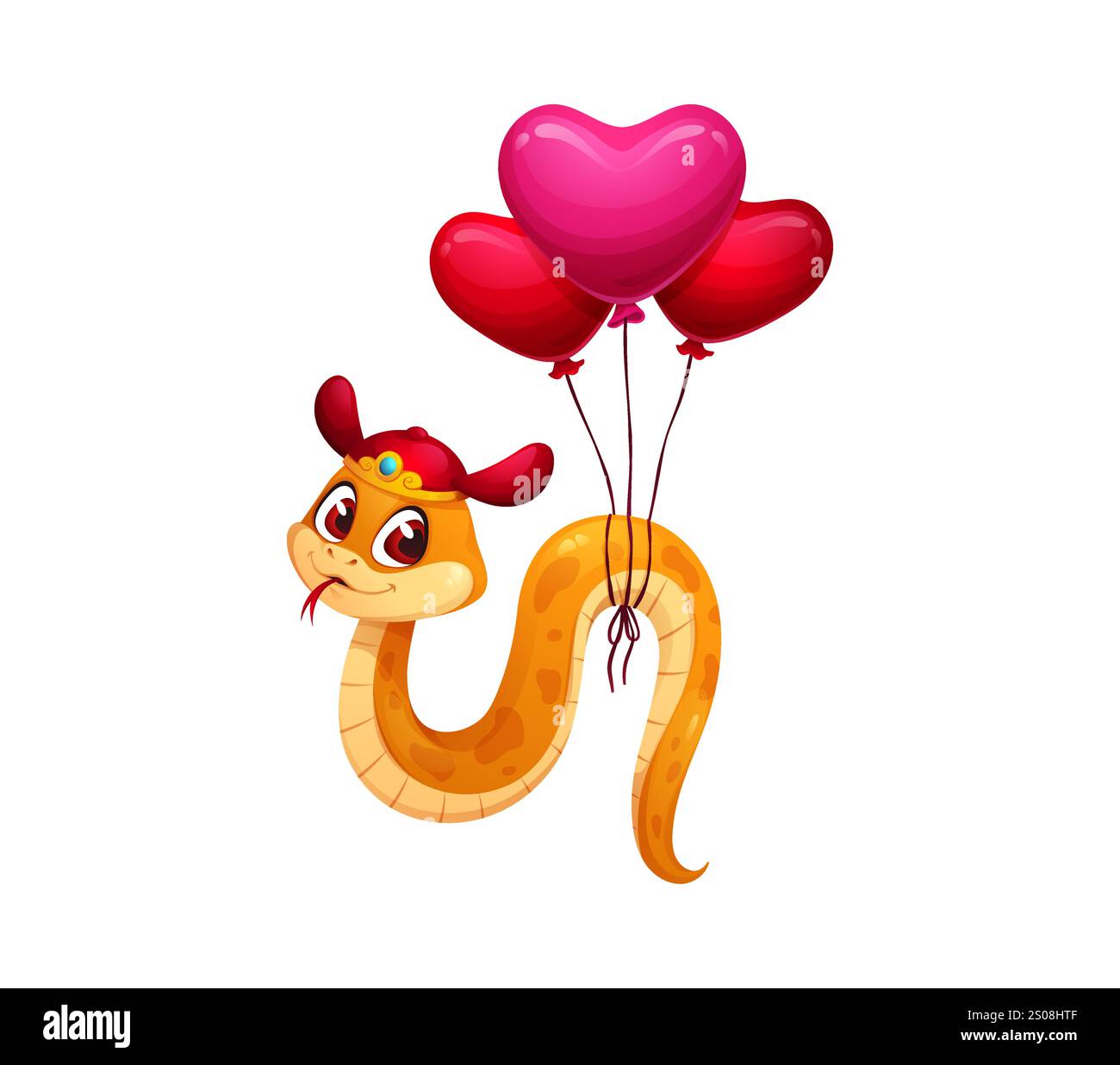 Valentine day cartoon snake character wears traditional red Chinese hat ...